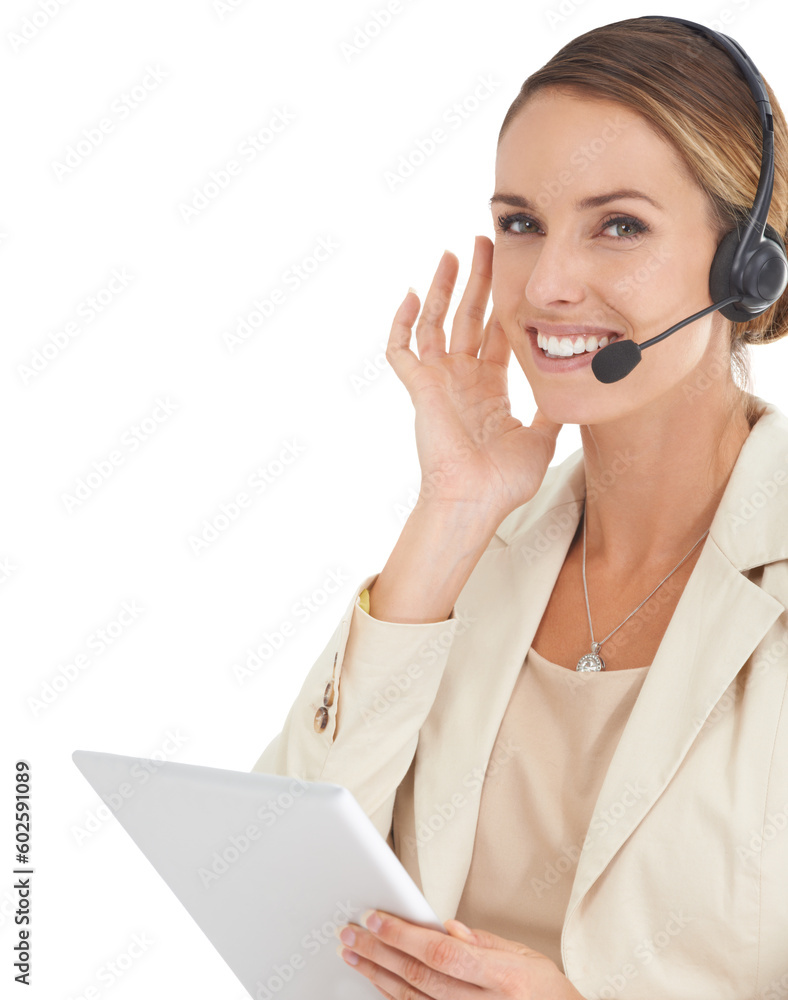 Call center, tablet and portrait of woman in studio for communication ...