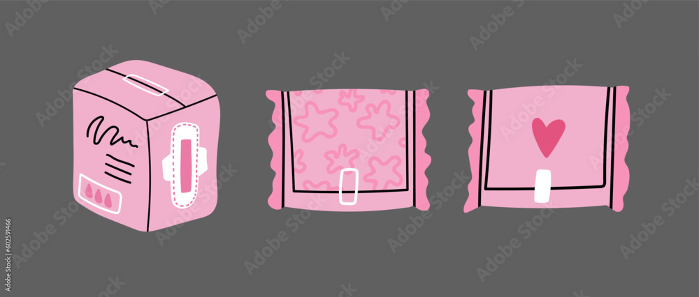 Menstrual sanitary pads isolated on dark background cartoon style flat ...