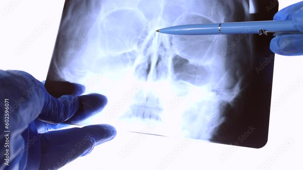 Stockvideon X ray scan of human skull in doctor hands with pointed pen ...