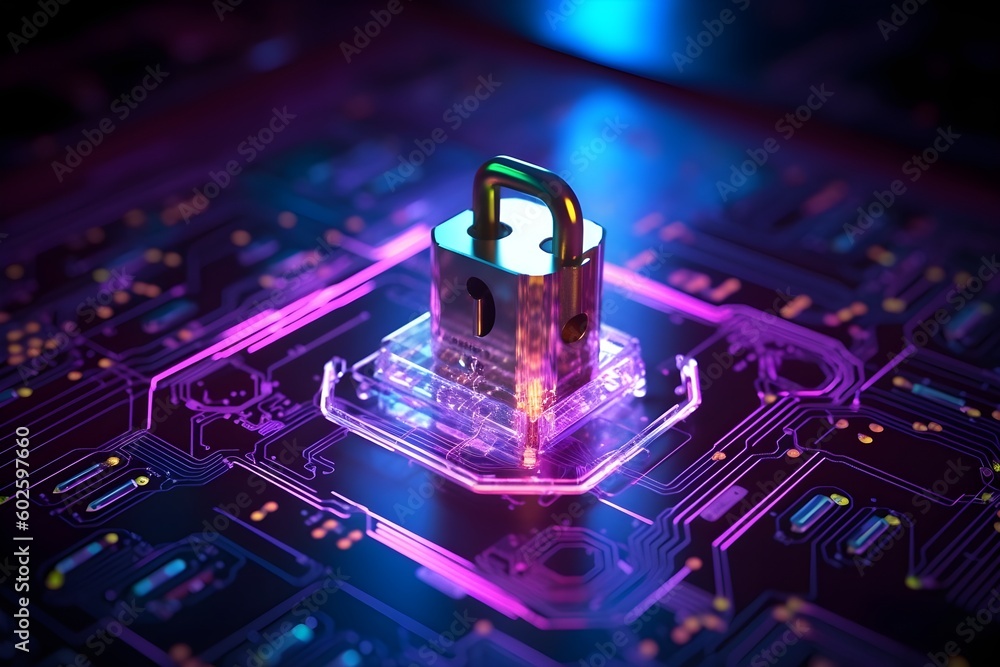 Hologram Of Security Padlock Operating Electronic Circuit Board With ...
