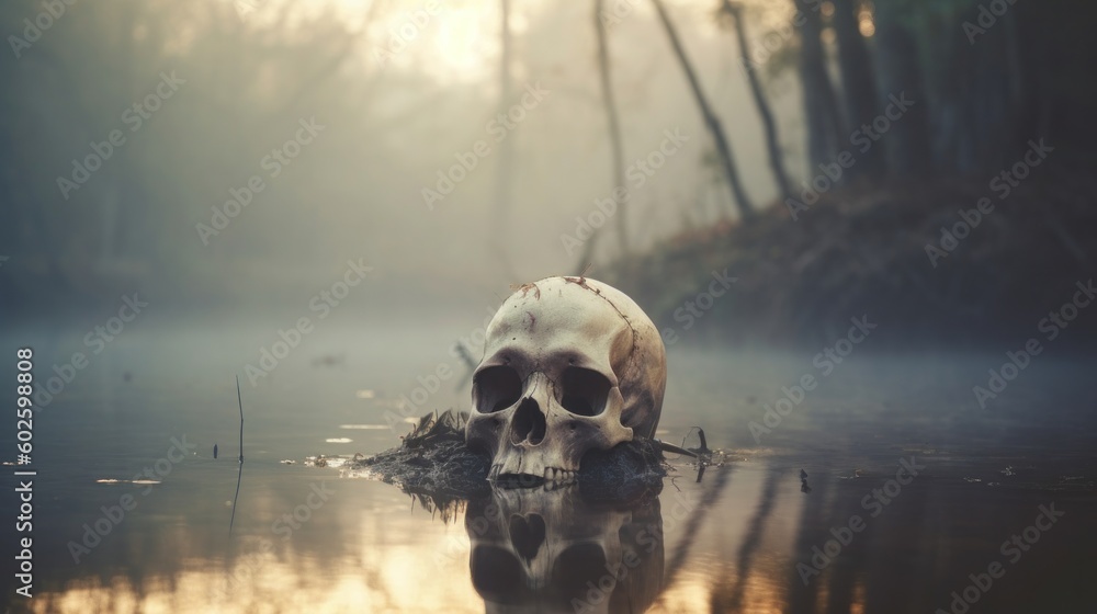 Decaying old human skull in dirty murky wet swamp mud, death and decay ...