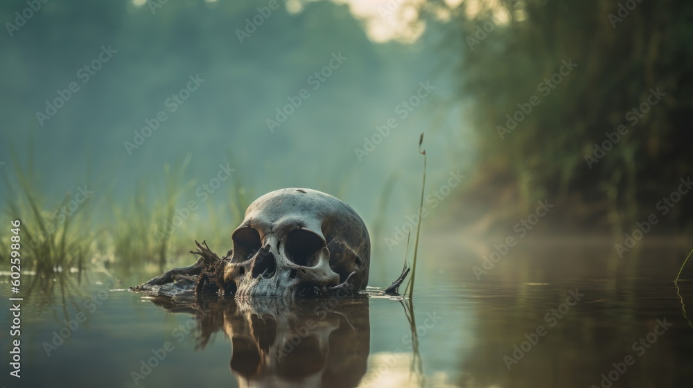 Decaying old human skull in dirty murky wet swamp mud, death and decay ...