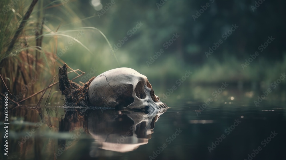Decaying old human skull in dirty murky wet swamp mud, death and decay ...