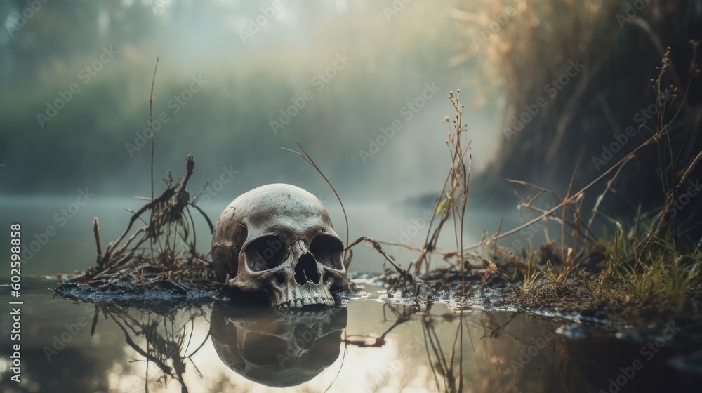 Decaying old human skull in dirty murky misty wet swamp mud, death and ...