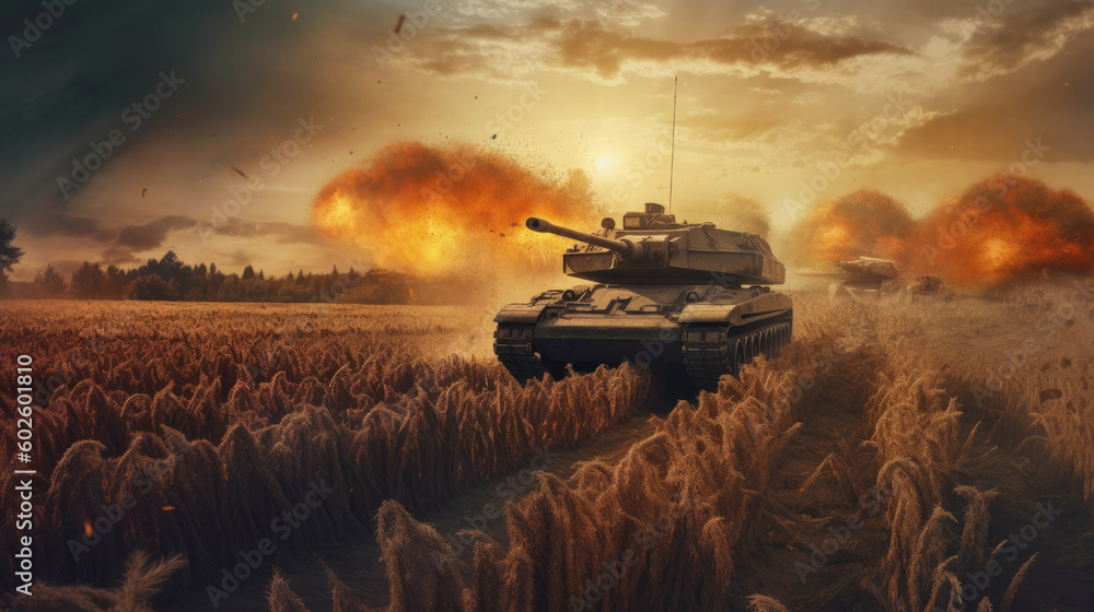 armored tank crosses ukrainian field during war invasion, AI Generated ...