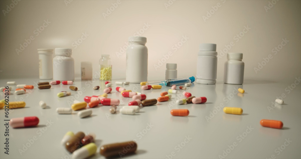 Colorful pills and tablets falling on white table with different types ...