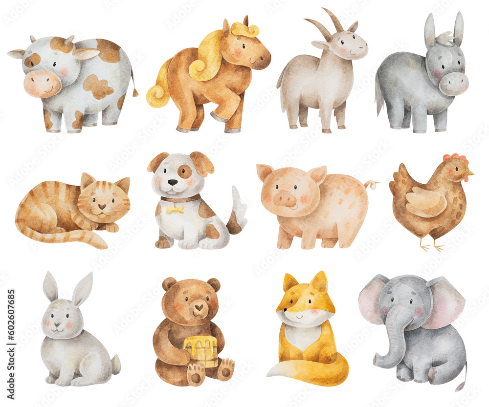 Cute farm and wild animals. Watercolor hand-drawn set of different ...