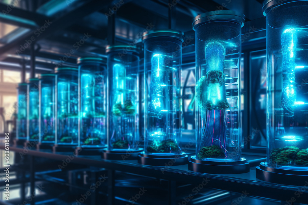 A high-tech genetics laboratory featuring illuminated DNA strands ...