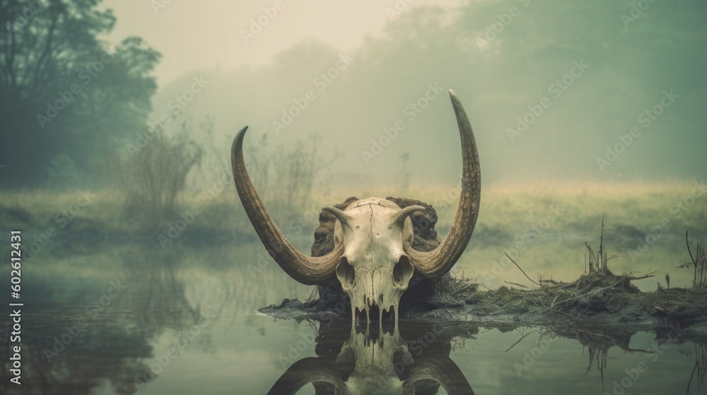 Creepy looking old buffalo skull with long horns that died in dirty ...
