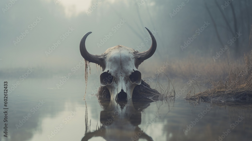 Creepy looking old buffalo skull with long horns that died in dirty ...