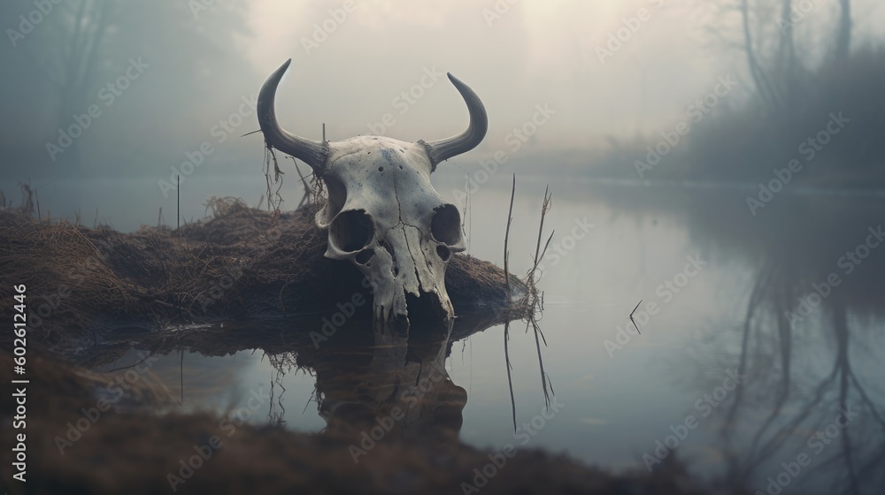 Creepy looking old buffalo skull with long horns that died in dirty ...