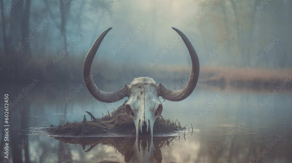 Creepy looking old buffalo skull with long horns that died in dirty ...