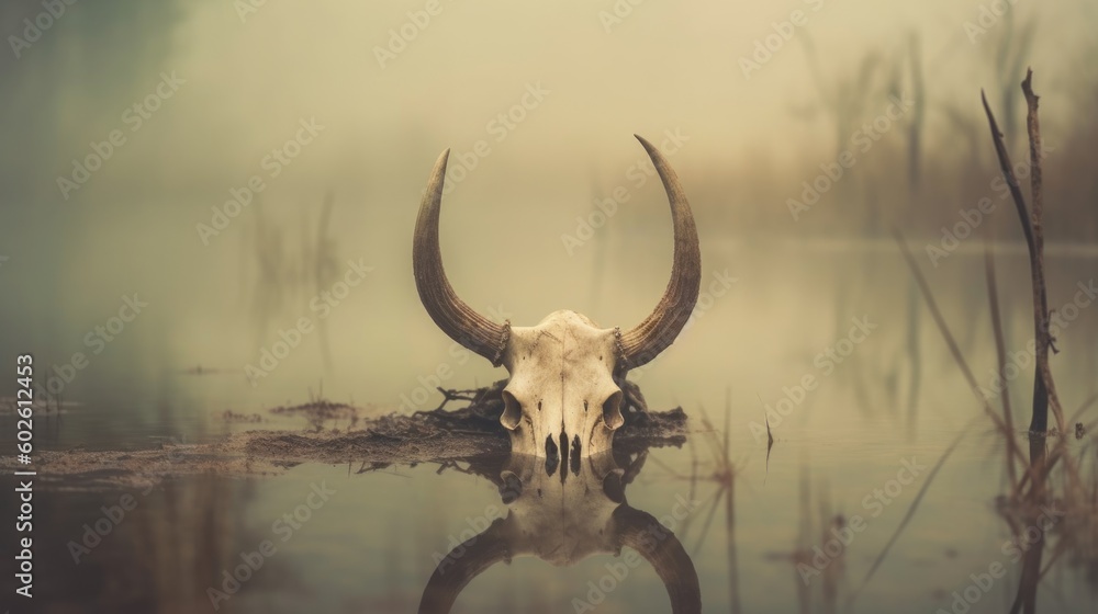 Creepy looking old buffalo skull with long horns that died in dirty ...