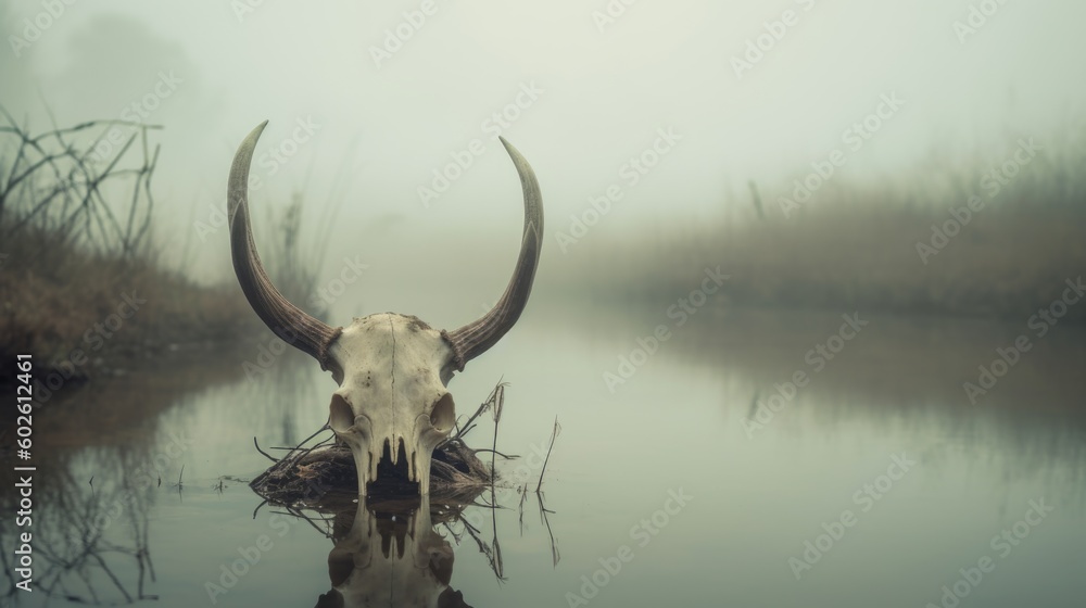 Creepy looking old buffalo skull with long horns that died in dirty ...