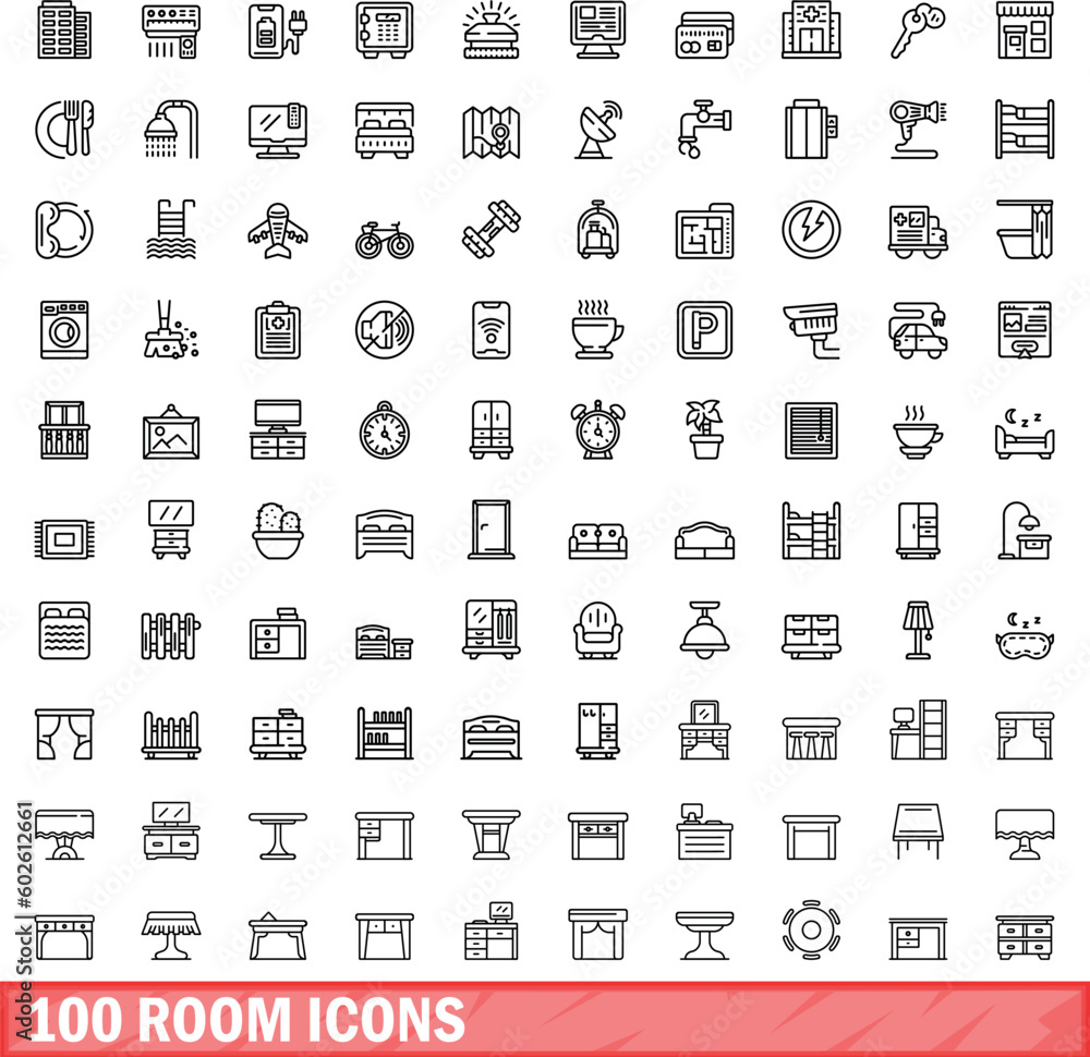 100 room icons set. Outline illustration of 100 room icons vector set ...