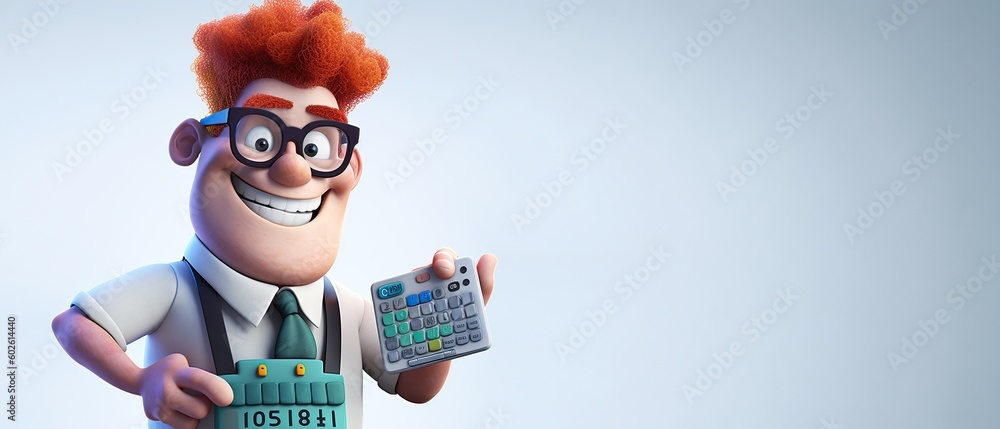 3d cartoon man character accountant with a calculator, report and ...