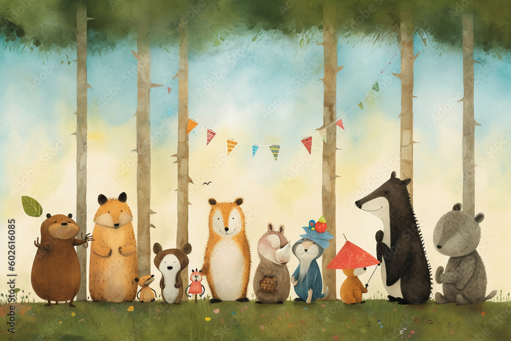 Animals in a forest working together, smiling, joyful, sunny background ...