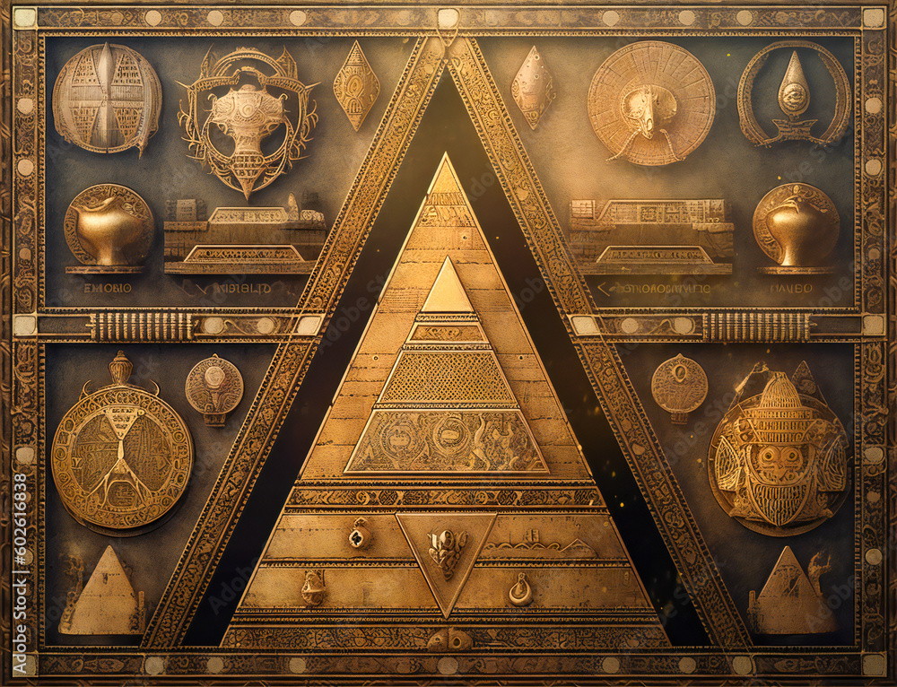 Book cover, background or illustration of a stylized pyramid surrounded ...