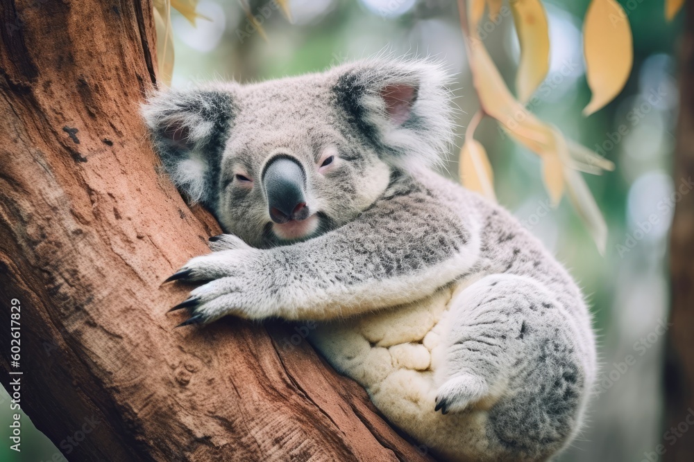 Cute koala napping in a tree with its arms spread wide Stock ...