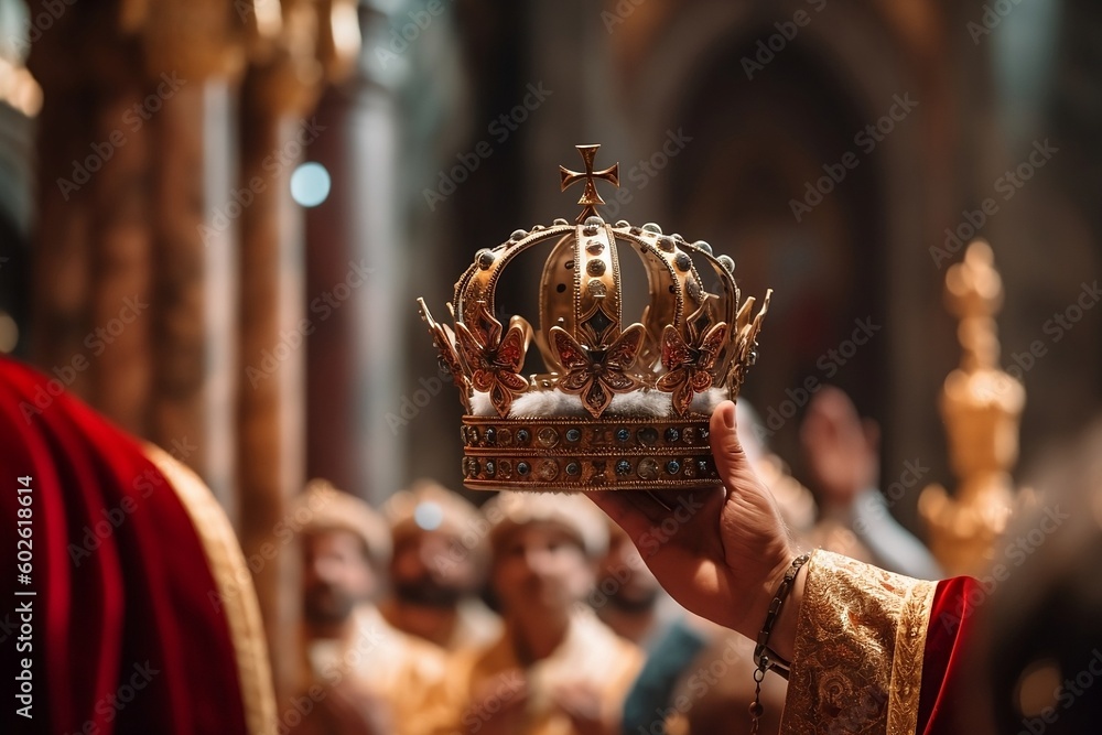 Gold crown of the king. Handing the crown to the next king. Coronation ...