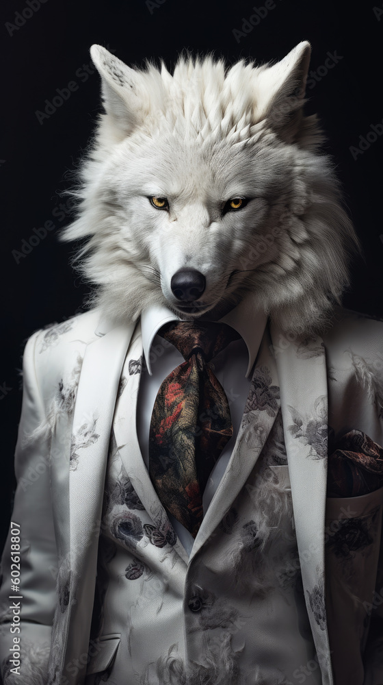 White wolf dressed in an elegant and modern suit with a nice tie ...