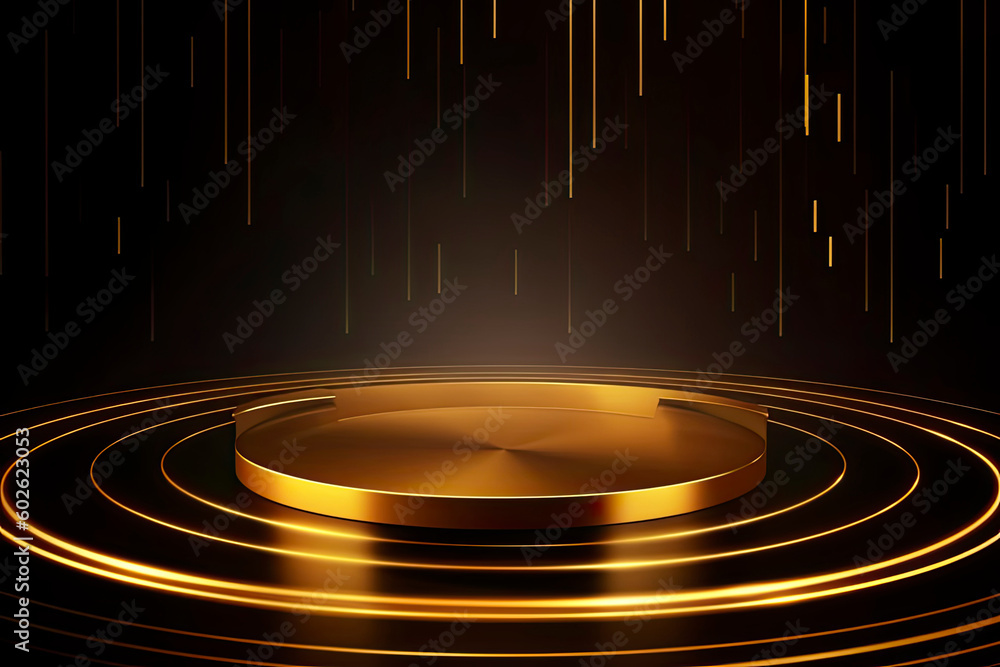 Golden round metal circle rings leading to podium. Shining abstract ...