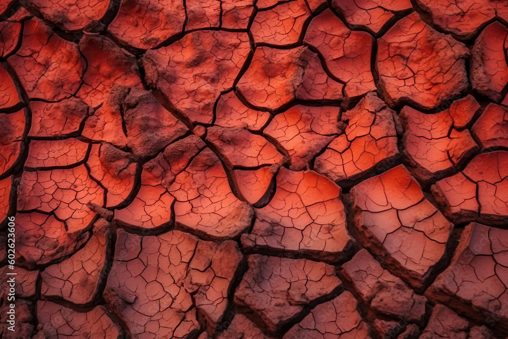 Heat red cracked ground texture burning after volcano eruption. Molten ...