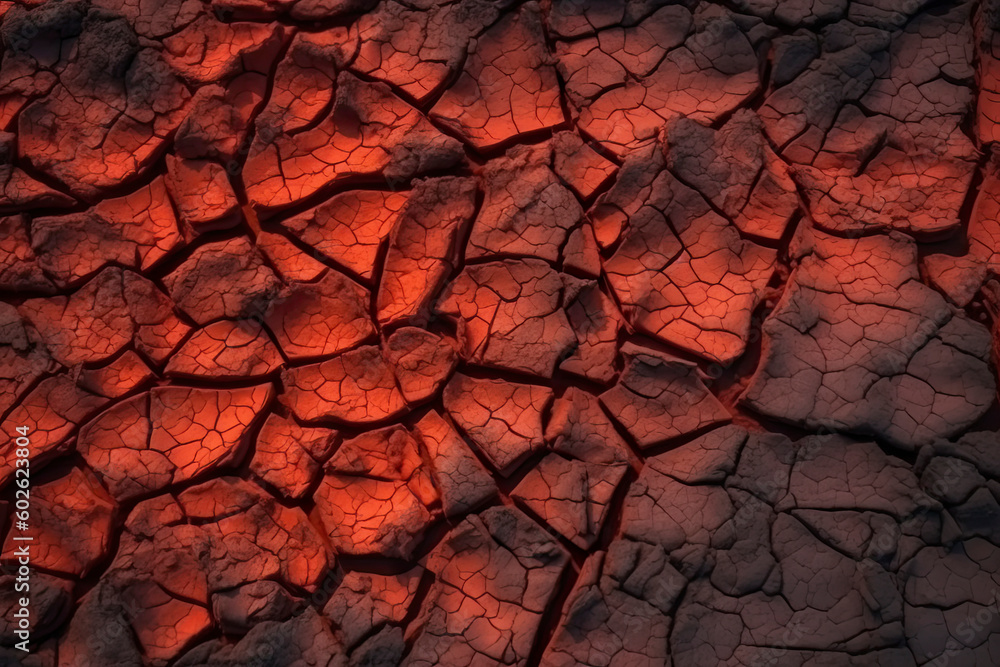 Heat red cracked ground texture burning after volcano eruption. Molten ...