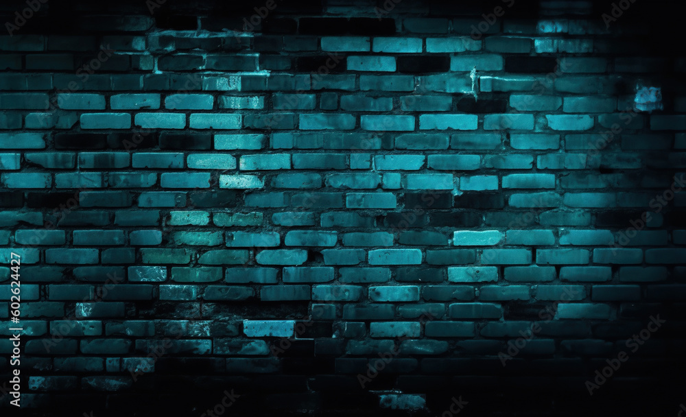 Black brick wall background with blue cyan neon lighting effect ...