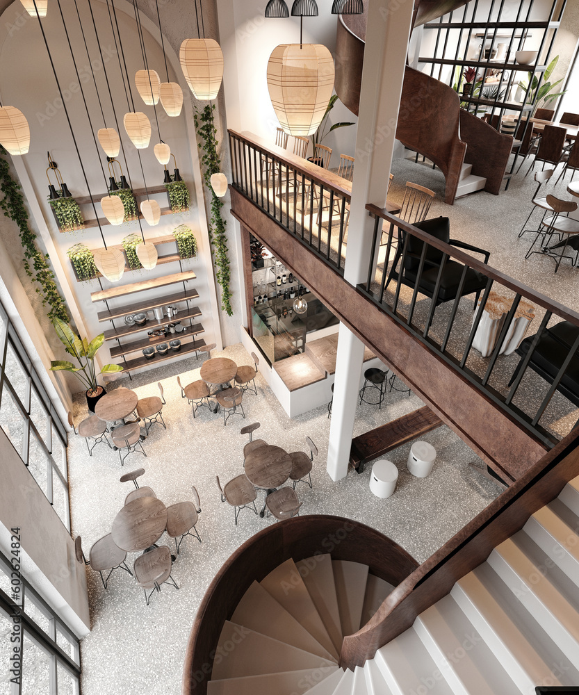Coffee Shop interior view, 3d rendering Stock Illustration | Adobe Stock