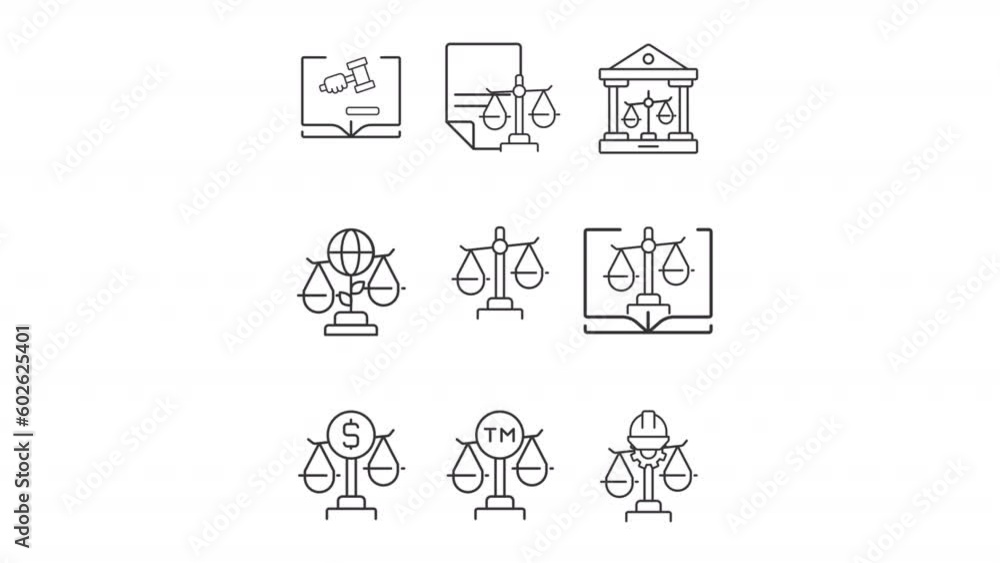 Justice system icons animation. Animated line balance scales. Civil ...