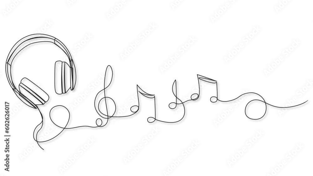animated continuous single line drawing of stereo headphones and sheet ...