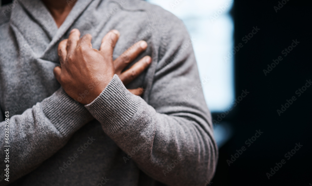 Man hands on chest, heart attack and cardiovascular problem, medical ...