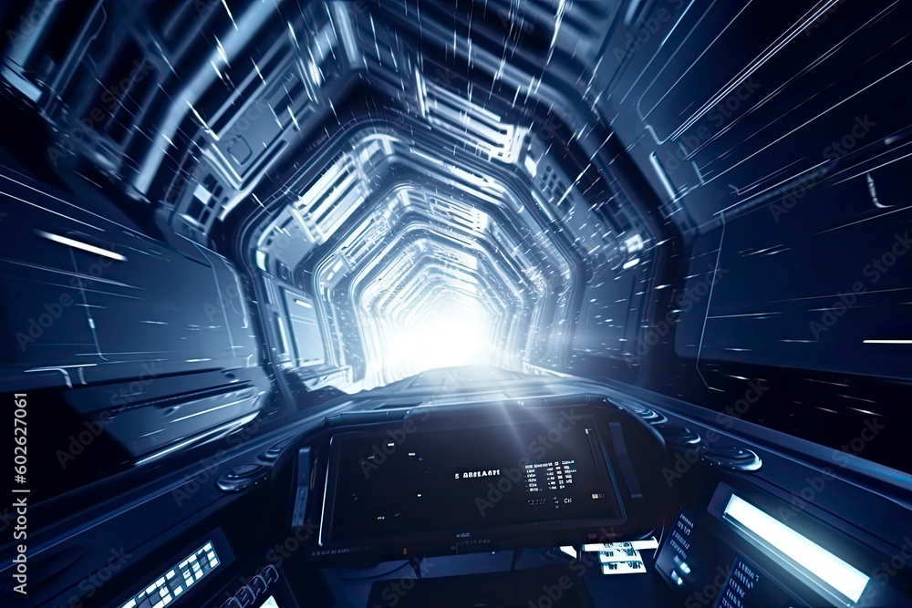 Inside of a Spaceship Driving at Hyper Speed, Space Travelers flying ...