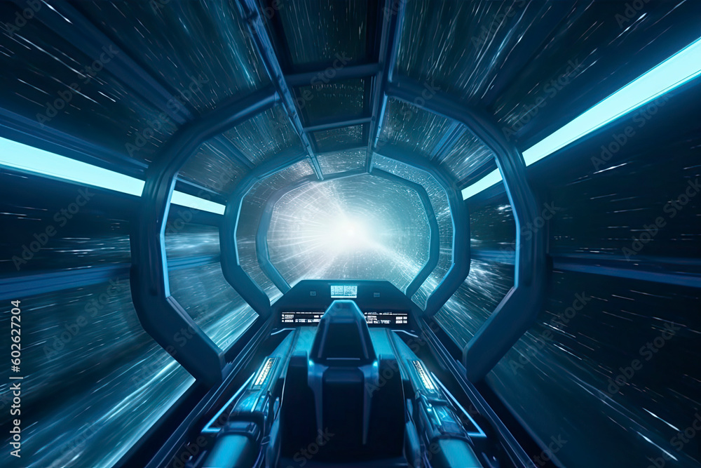 Inside of a Spaceship Driving at Hyper Speed, Space Travelers flying ...