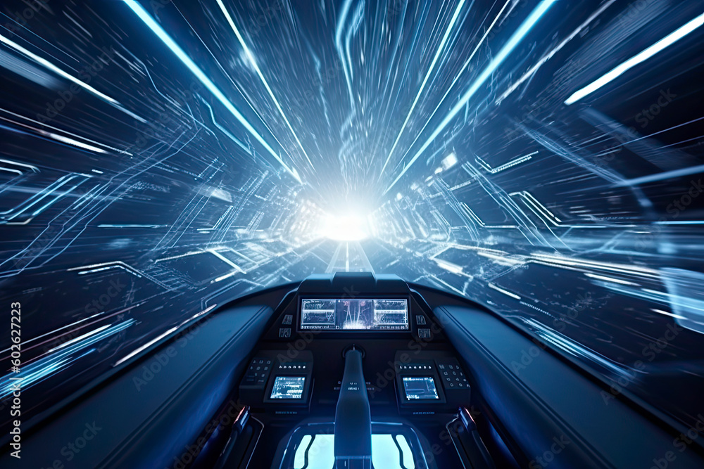 Inside of a Spaceship Driving at Hyper Speed, Space Travelers flying ...
