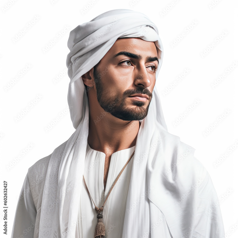 Young handsome Emirati business man in UAE traditional outfit showing a ...