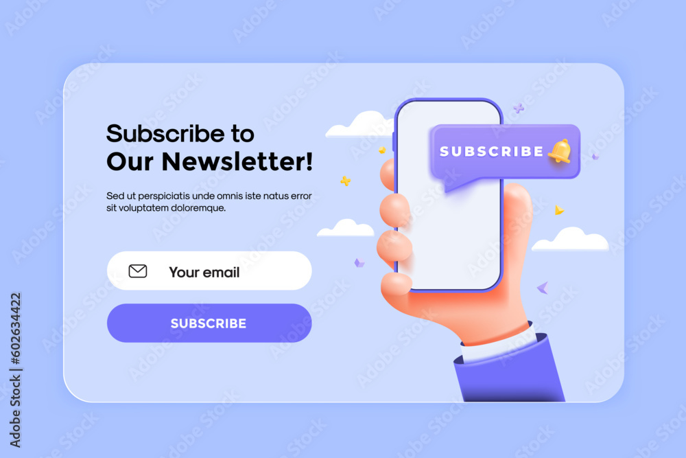 3D Hand holding mobile phone with Subscribe speech bubble. Social media ...