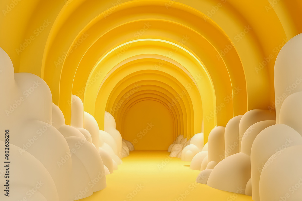 3D render abstract minimal yellow background with white clouds. Yellow ...