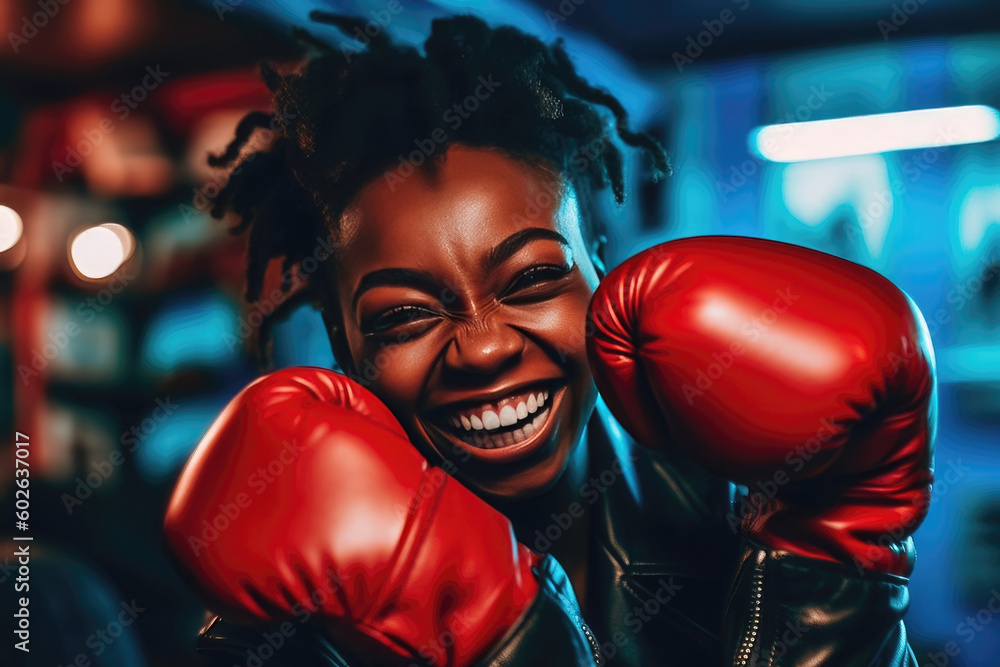 Smiling Woman Boxer: Close-up portrait of a laughing African American ...