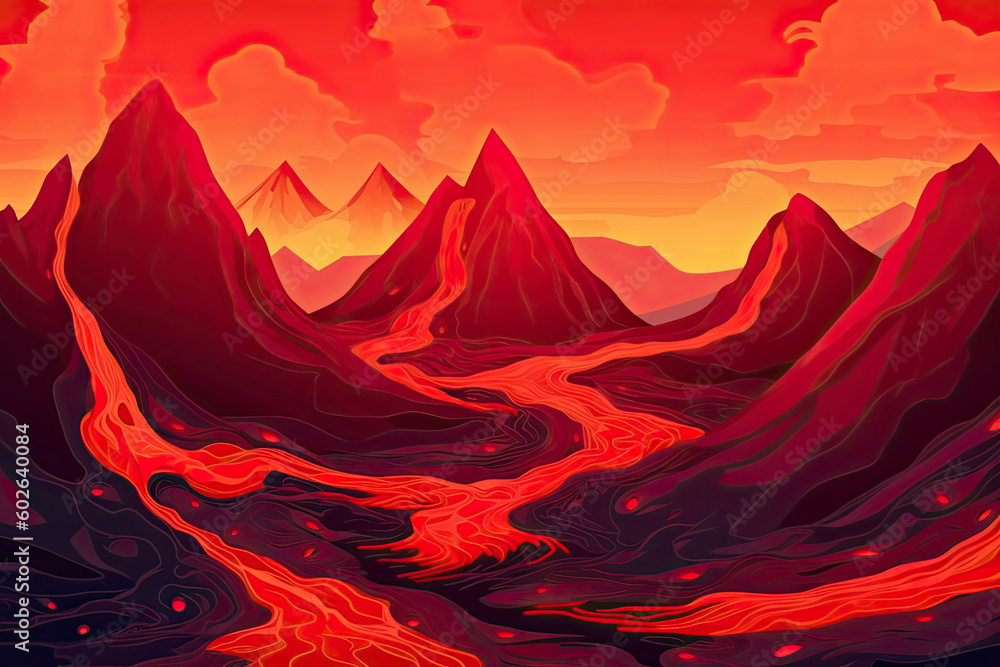 Volcanic eruption illustration. Hot molten lava landscape Stock ...