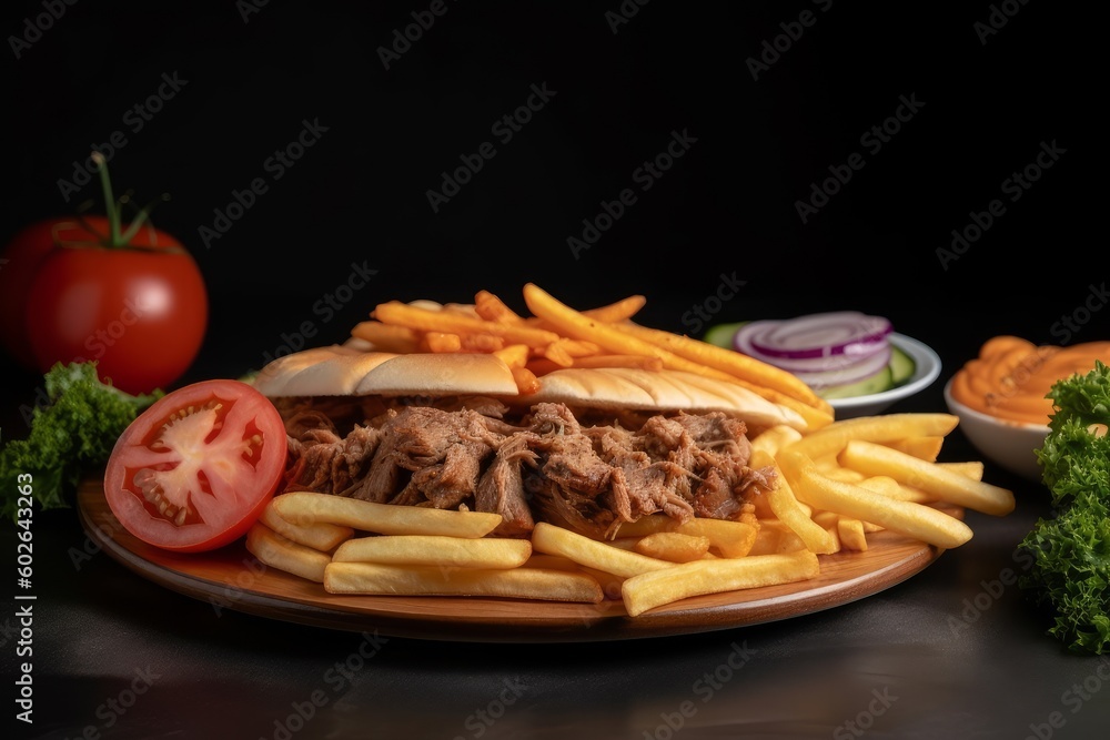 doner kebab meat sliced and arranged on a plate with some crispy fries ...