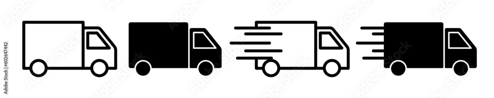Moving delivery truck line icon set. Fast free shipping truck outline ...