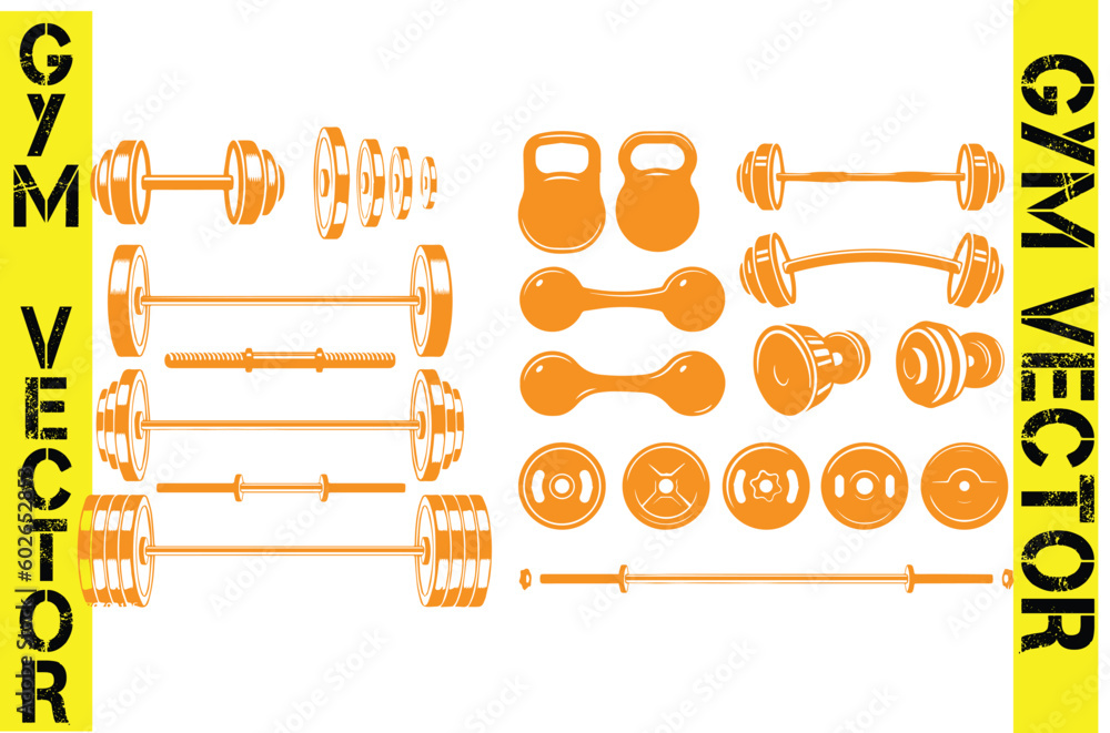 Gym foreground vector image, Gym fitness vector image, Set of vintage ...