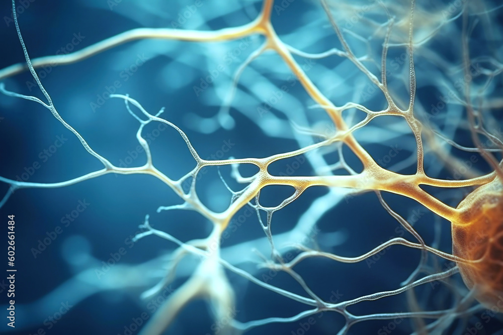 Neuron cells with glowing connections on abstract background. Macro ...