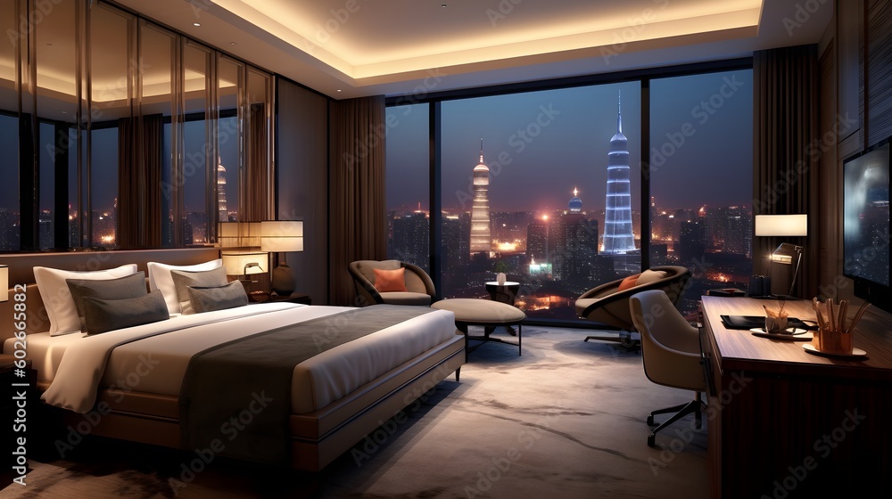 Photo & Art Print interior of a luxury hotel room with a panoramic view ...