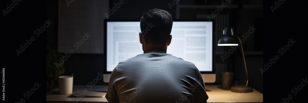 Rear view of person staring at computer, with a blank document or ...