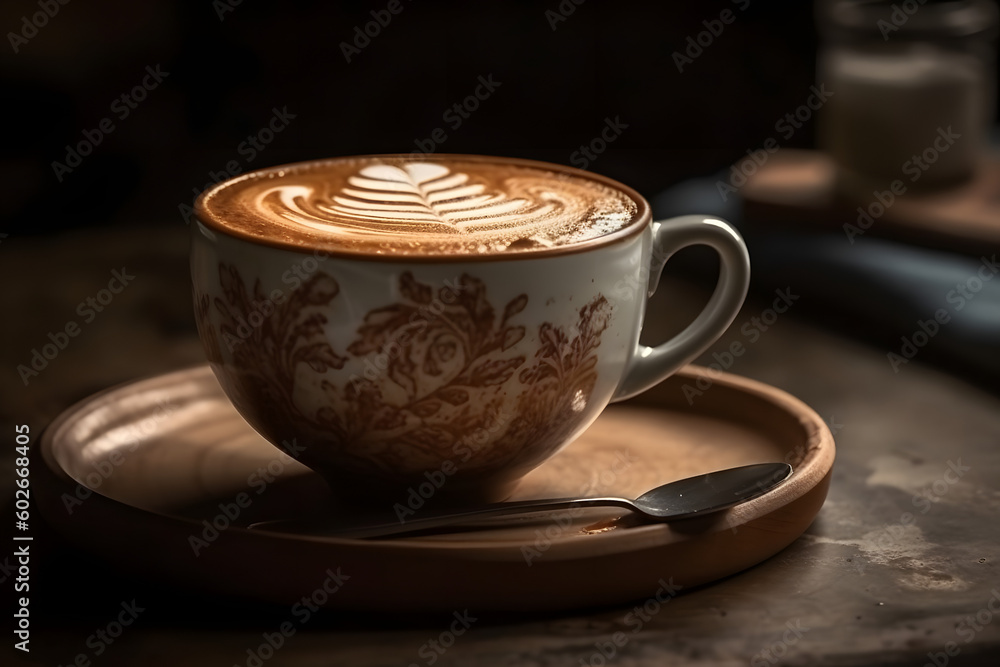 Nice Texture of Latte art on hot latte coffee . Milk foam in heart shape leaf tree on top of ...