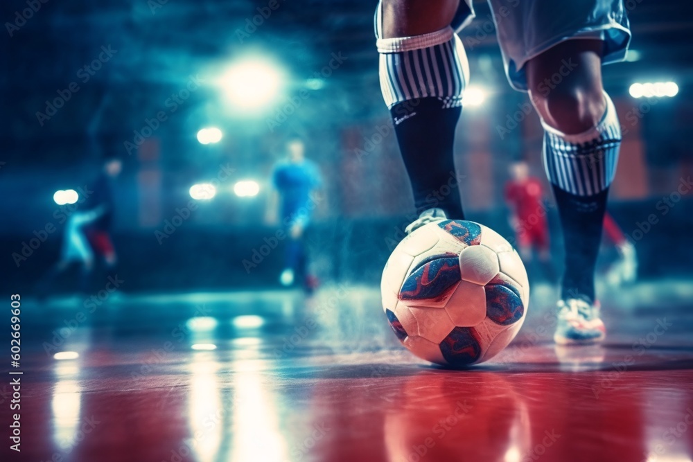 Football futsal player, ball, futsal floor. Sports background. Indoor ...