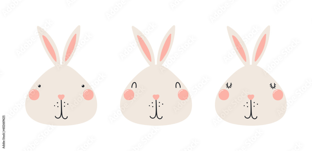 Cute funny rabbit faces illustrations set. Hand drawn cartoon character ...